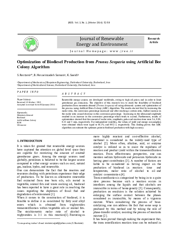 (PDF) Optimization of Biodiesel Production from Prunus Scoparia Using Artificial Bee Colony ...