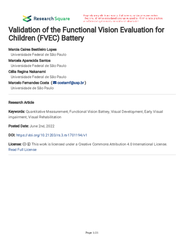 (PDF) Validation of the Functional Vision Evaluation for Children (FVEC ...