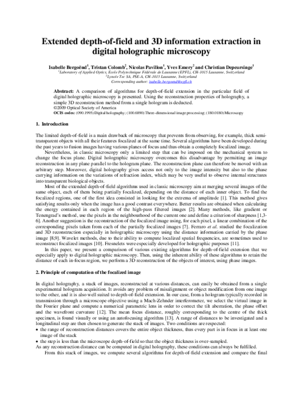 (PDF) Extended depth-of-field and 3D information extraction in digital holographic microscopy