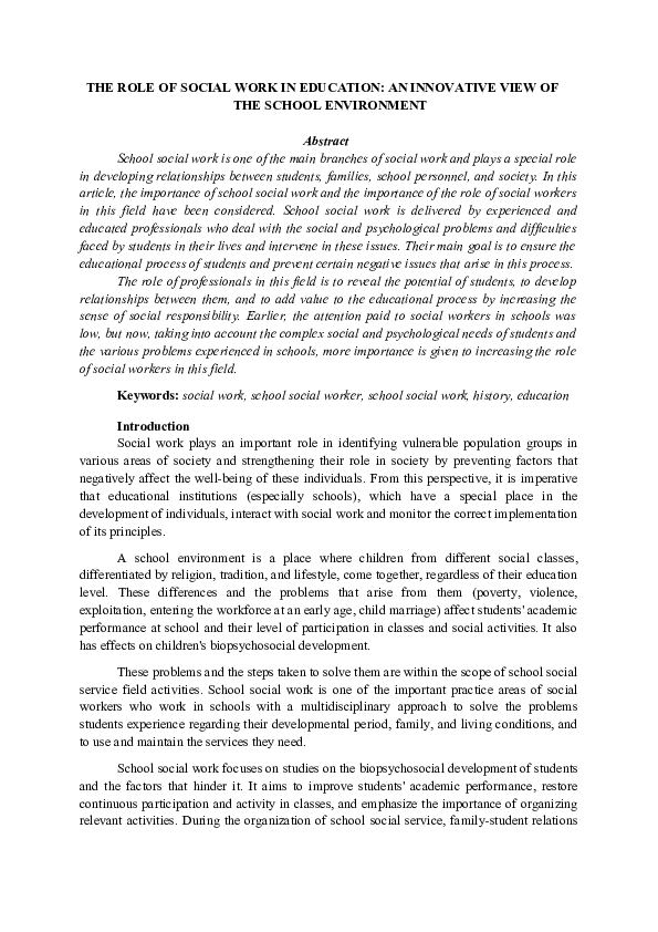 (DOC) THE ROLE OF SOCIAL WORK IN EDUCATION: AN INNOVATIVE VIEW OF THE ...