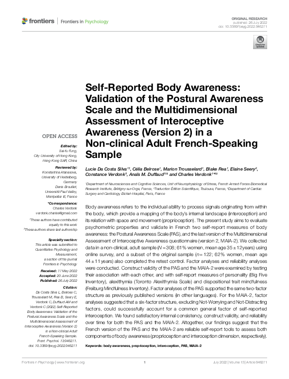 (PDF) Self-Reported Body Awareness: Validation of the Postural ...