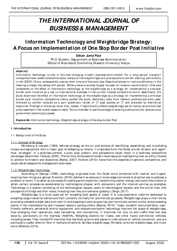 (PDF) Information Technology and Weighbridge Strategy: A Focus on Implementation of One Stop ...