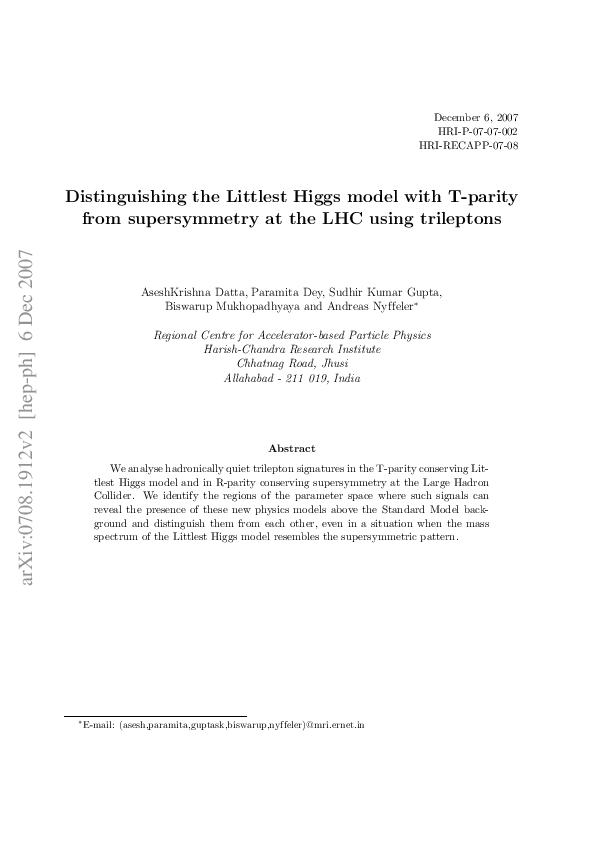 (PDF) Distinguishing the Littlest Higgs model with T-parity from ...