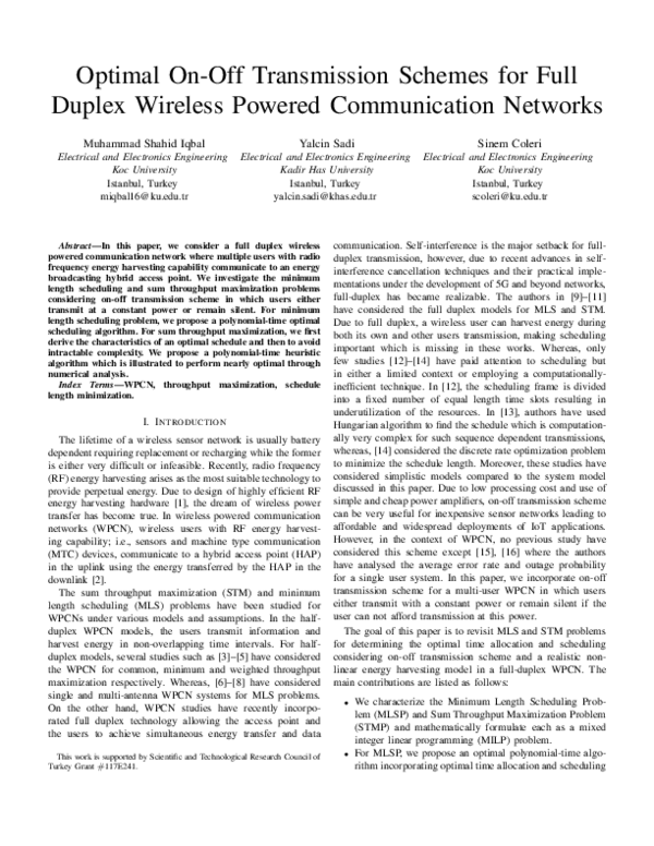 (PDF) Optimal On-Off Transmission Schemes for Full Duplex Wireless Powered Communication Networks