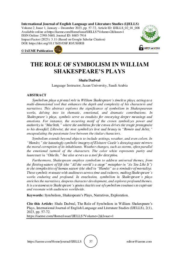 (PDF) THE ROLE OF SYMBOLISM IN WILLIAM SHAKESPEARE’S PLAYS