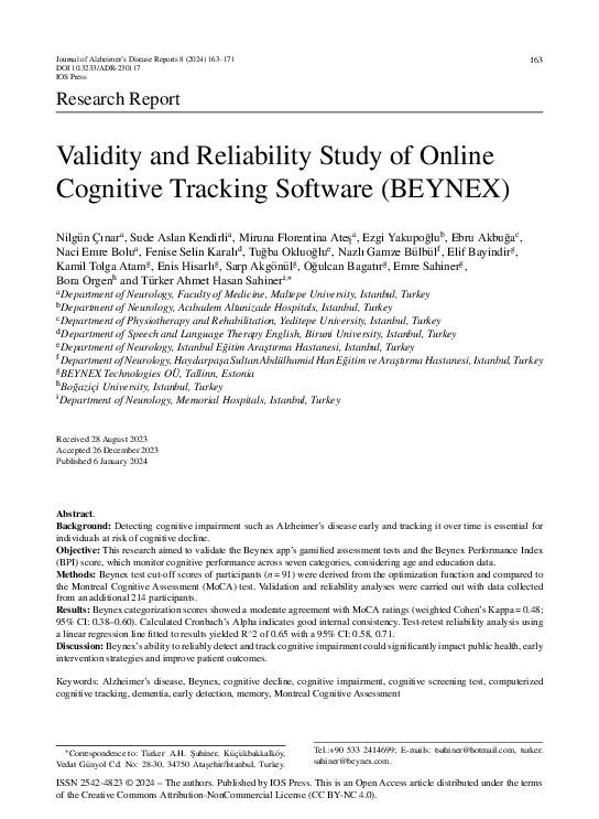 (PDF) Validity and Reliability Study of Online Cognitive Tracking Software (BEYNEX