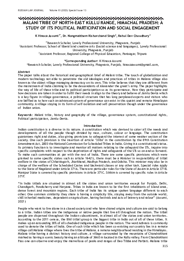 (PDF) MALANI TRIBE OF NORTH-EAST KULLU RANGE, HIMACHAL PRADESH: A STUDY ...