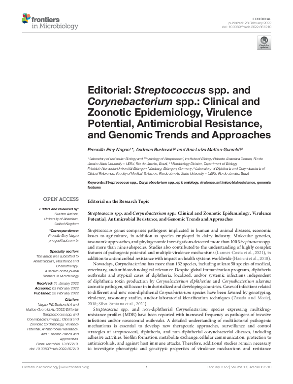 (PDF) Editorial: Streptococcus spp. and Corynebacterium spp.: Clinical ...