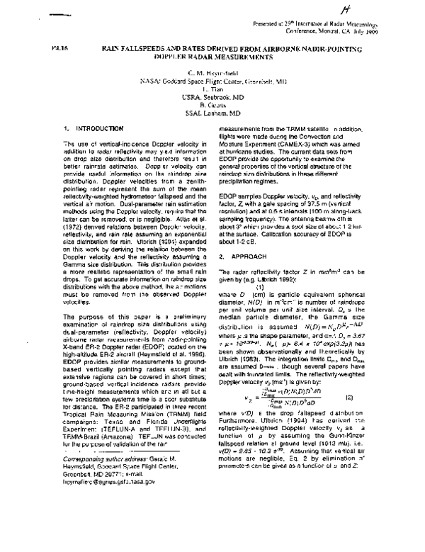 (PDF) Rain Fallspeeds and Rates Derived from Airborne Nadir-Pointing ...