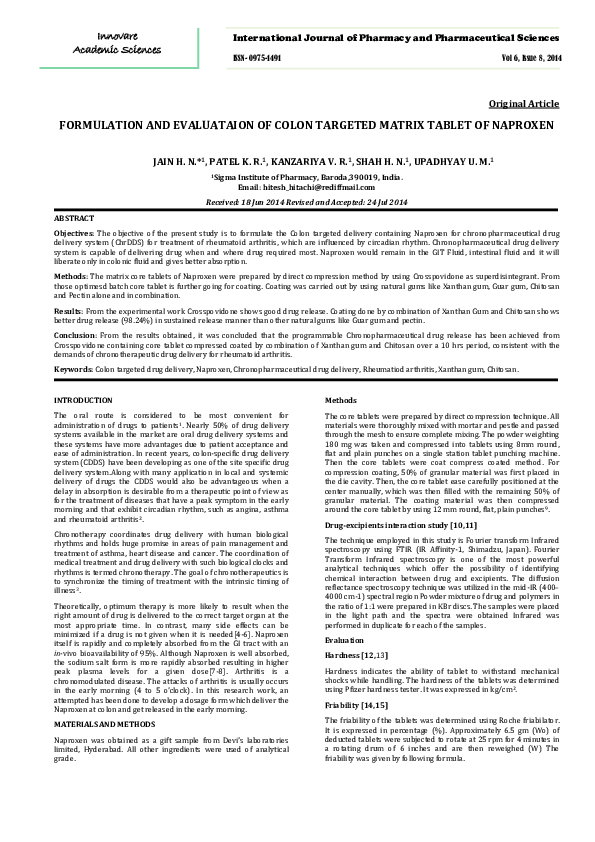 Pdf Formulation And Evaluataion Of Colon Targeted Matrix Tablet Of Naproxen