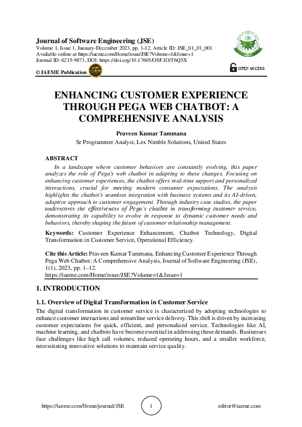 (PDF) ENHANCING CUSTOMER EXPERIENCE THROUGH PEGA WEB CHATBOT: A COMPREHENSIVE ANALYSIS