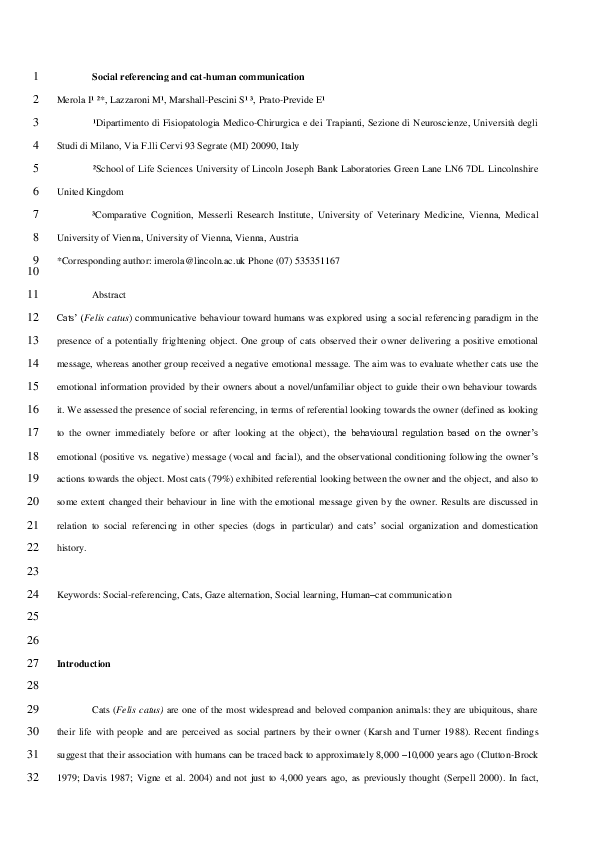 (PDF) Social referencing and cat–human communication