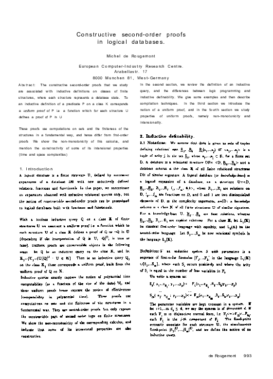 Pdf Constructive Second Order Proofs In Logical Databases Michel De