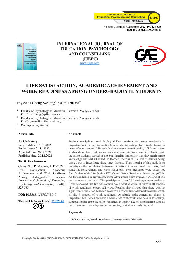 (PDF) Life Satisfaction, Academic Achievement and Work Readiness Among Undergraduate Students