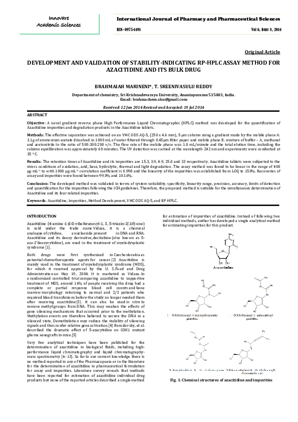 (PDF) DEVELOPMENT AND VALIDATION OF STABILITY-INDICATING RP-HPLC ASSAY METHOD FOR AZACITIDINE ...