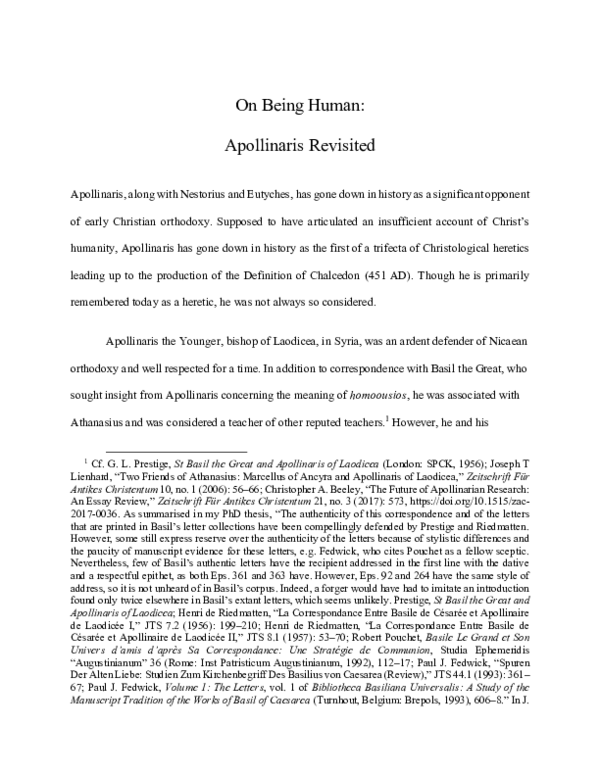 (PDF) Apollinaris Revisited: On Being Human (Draft)