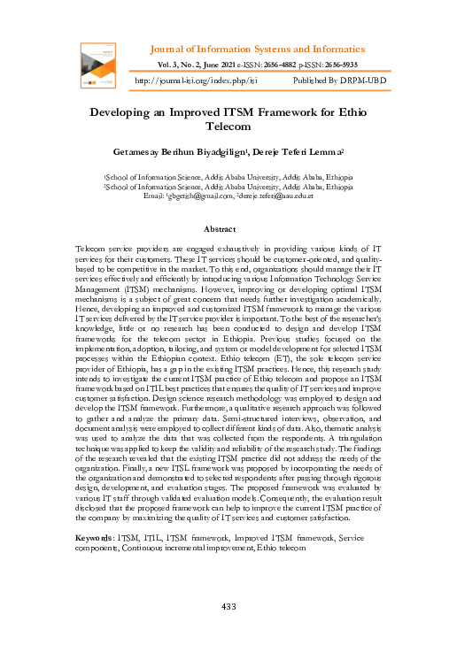 (PDF) Developing an Improved ITSM Framework for Ethio Telecom