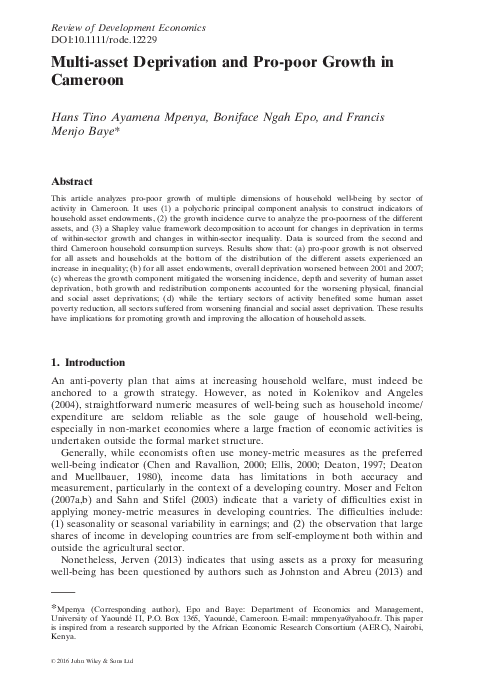 (PDF) Multi‐asset Deprivation and Pro‐poor Growth in Cameroon