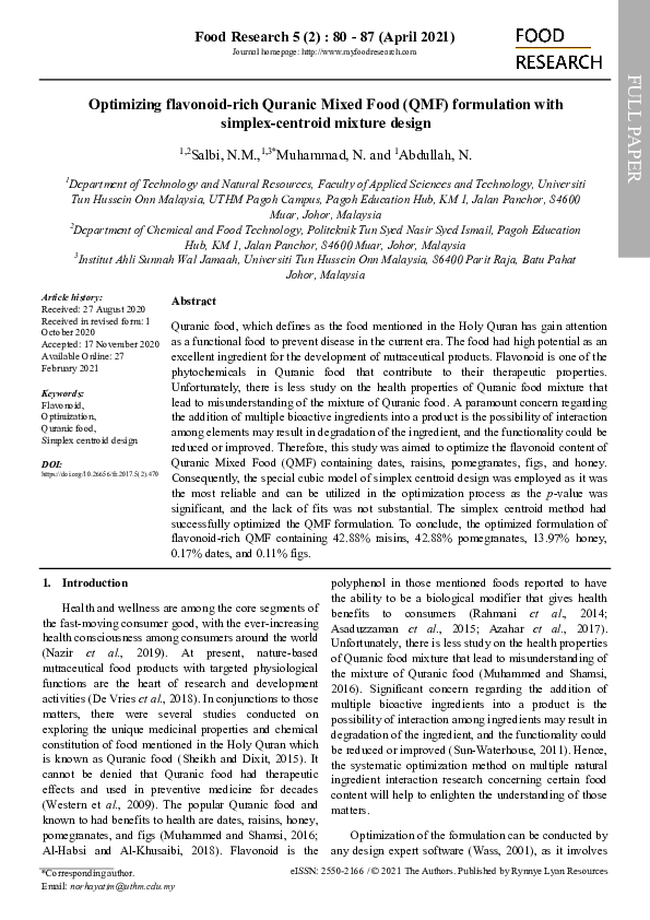 (PDF) Optimizing flavonoid-rich Quranic Mixed Food (QMF) formulation with simplex-centroid ...