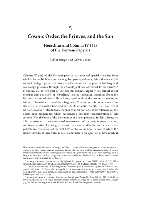 (PDF) Cosmic Order, the Erinyes, and the Sun Heraclitus and Column IV (44) of the Derveni Papyrus