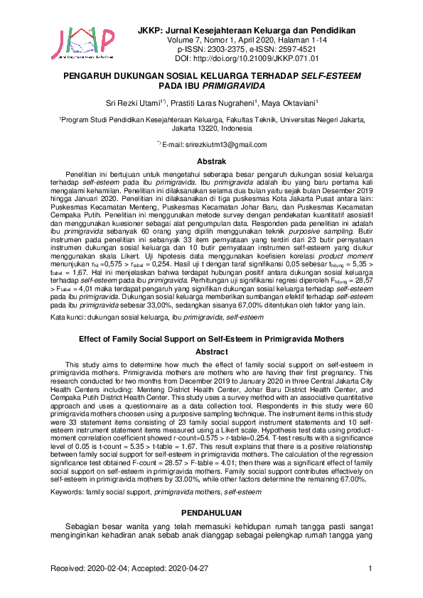 (PDF) Pengaruh Dukungan Sosial Keluarga Terhadap Self-Esteem Pada Ibu Primigravida