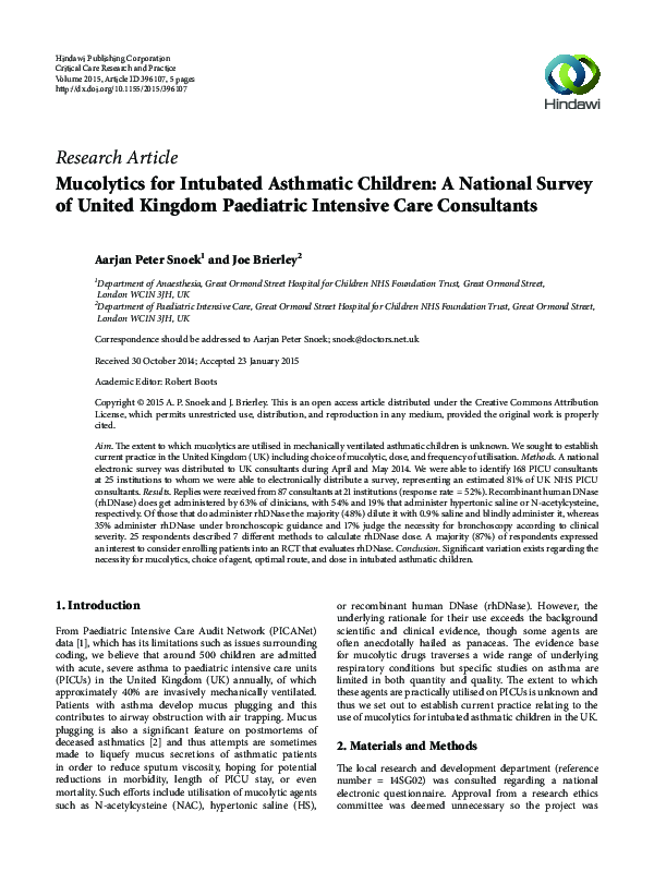 (PDF) Mucolytics for Intubated Asthmatic Children: A National Survey of ...