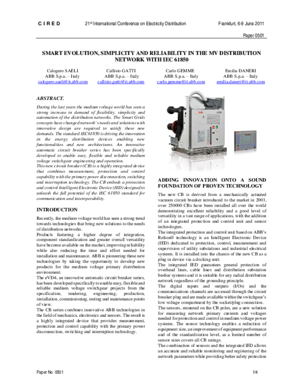 (PDF) Smart Evolution , Simplicity and Reliability in the MV Distribution Network with Iec 61850