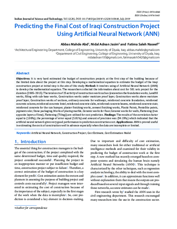 (PDF) Predicting the Final Cost of Iraqi Construction Project Using Artificial Neural Network (ANN)