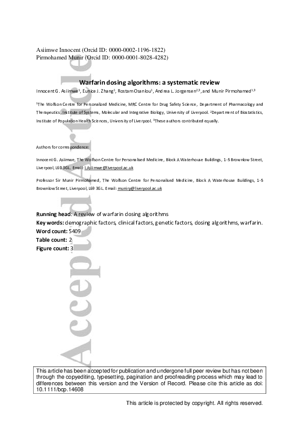 Pdf Warfarin Dosing Algorithms A Systematic Review