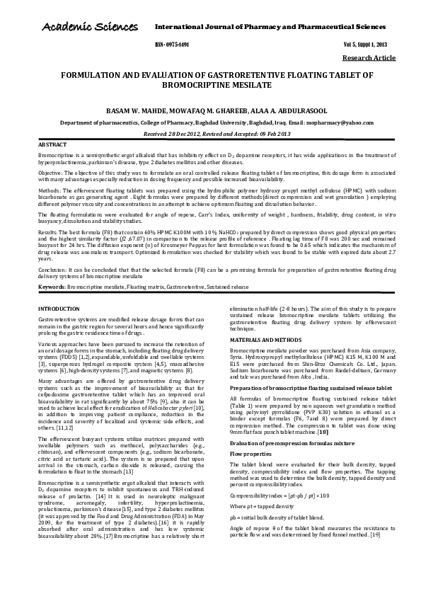 Pdf Formulation And Evaluation Of Gastroretentive Floating Tablet Of Bromocriptine Mesilate