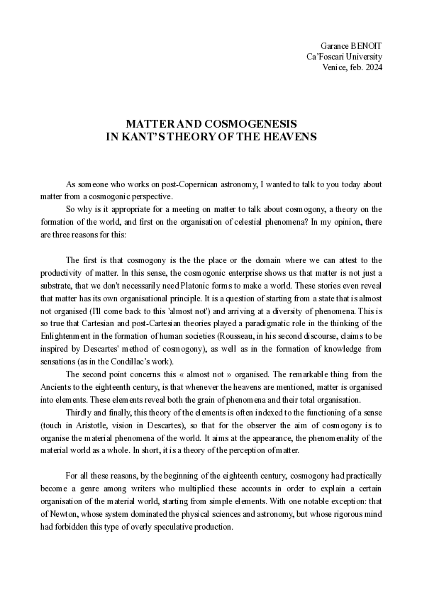(PDF) Matter and cosmogenesis in Kant's Théory of the Heavens