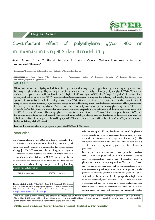 (PDF) Co-surfactant effect of polyethylene glycol 400 on microemulsion ...