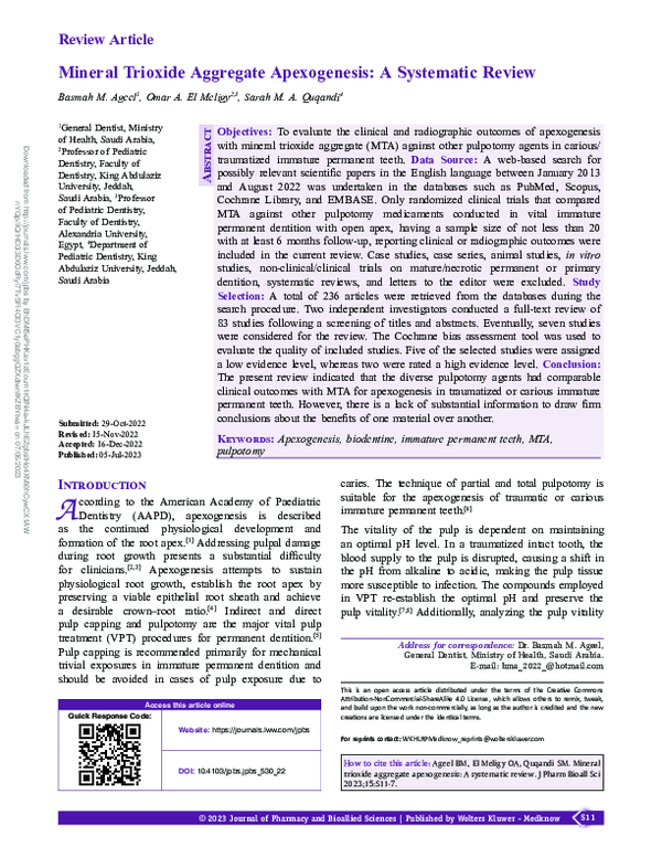 (PDF) Mineral Trioxide Aggregate Apexogenesis: A Systematic Review