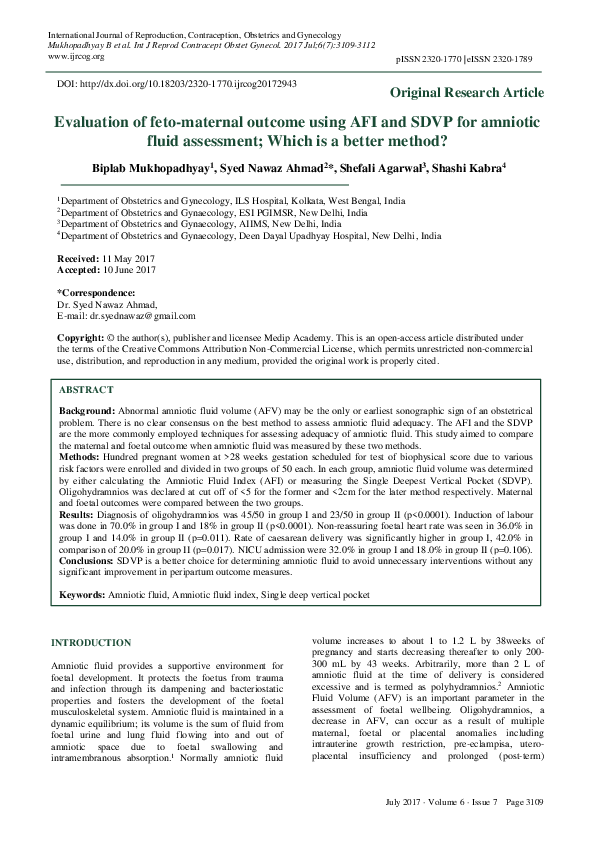 (PDF) Evaluation of feto-maternal outcome using AFI and SDVP for ...