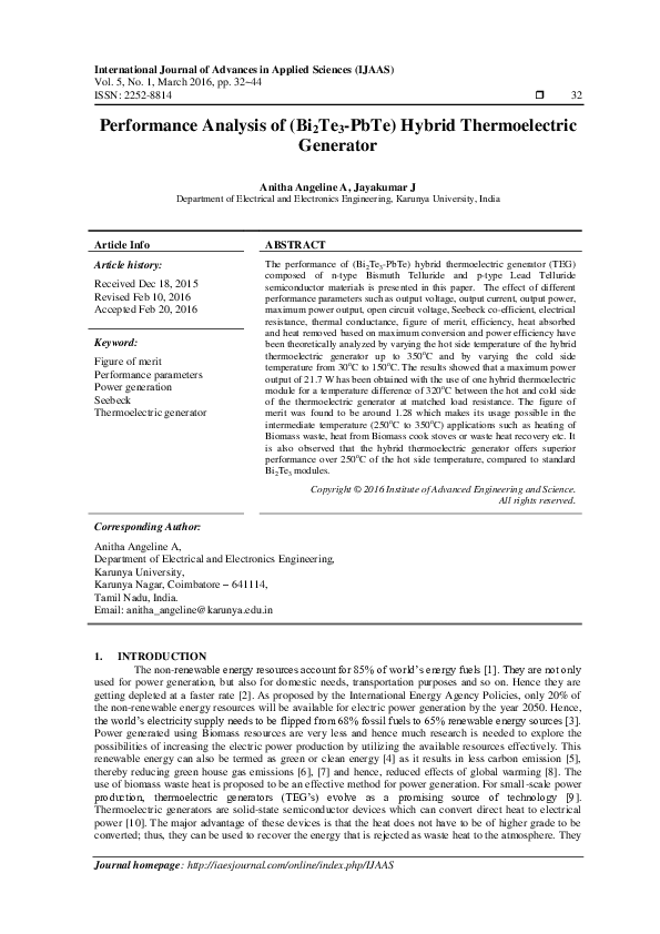 (PDF) Performance Analysis of (Bi2Te3-PbTe) Hybrid Thermoelectric Generator