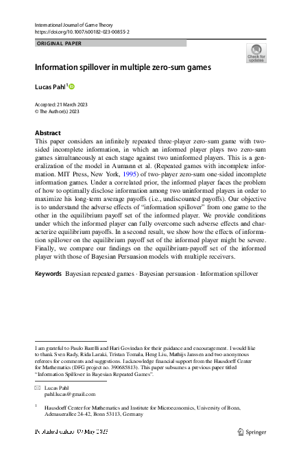 (PDF) Information spillover in multiple zero-sum games
