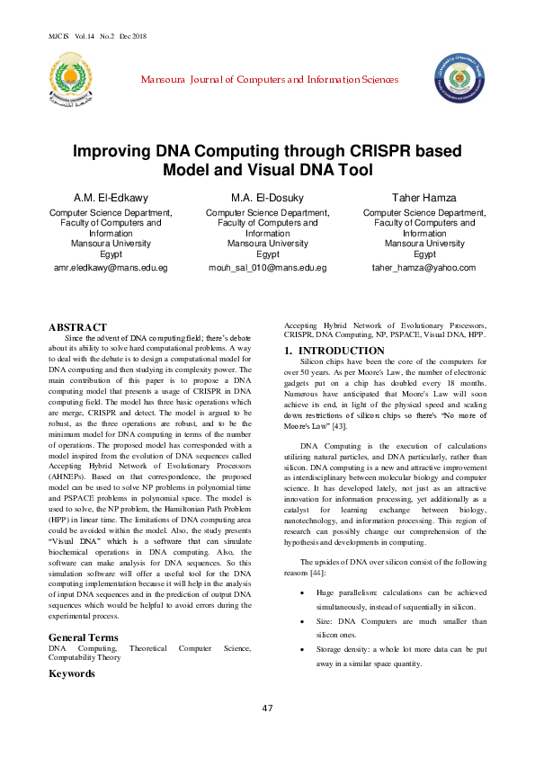 (PDF) Improving DNA Computing through CRISPR based Model and Visual DNA Tool | Amr Eledkawy ...