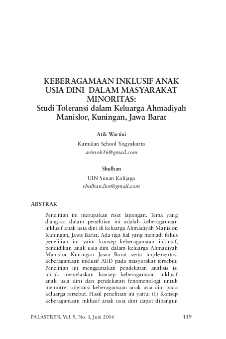 (PDF) KEBERAGAMAAN INKLUSIF ANAK USIA DINI DALAM MASYARAKAT MINORITAS: Studi Toleransi dalam ...
