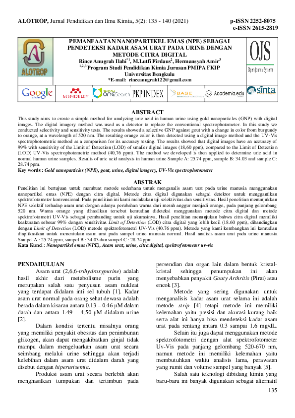 (PDF) Pemanfaatan Nanopartikel Emas (Npe) Sebagai Pendeteksi Kadar Asam ...