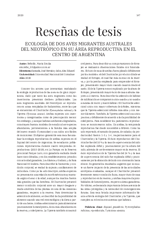 (PDF) Ecología de dos aves migrantes australes del Neotrópico en su ...