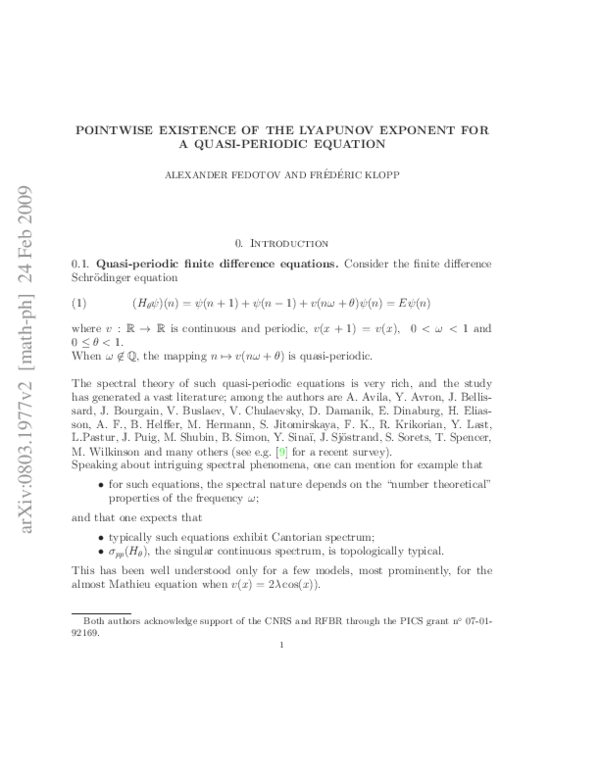 (PDF) Pointwise Existence of the Lyapunov Exponent for a Quasi-Periodic ...