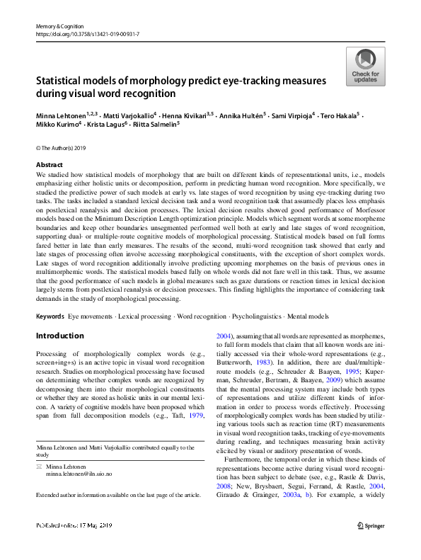 (PDF) Statistical models of morphology predict eye-tracking measures during visual word recognition
