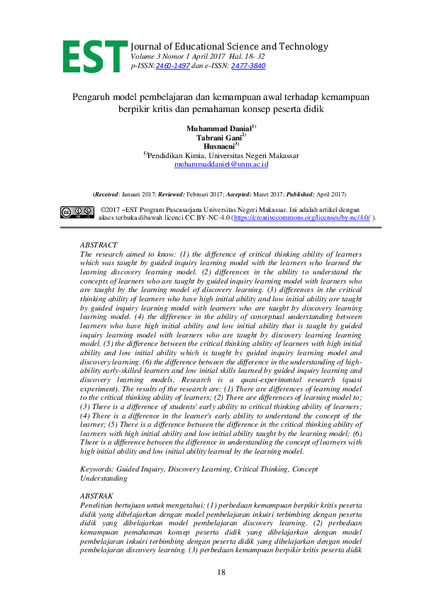 (PDF) Pengaruh model pembelajaran dan kemampuan awal terhadap kemampuan berpikir kritis dan ...