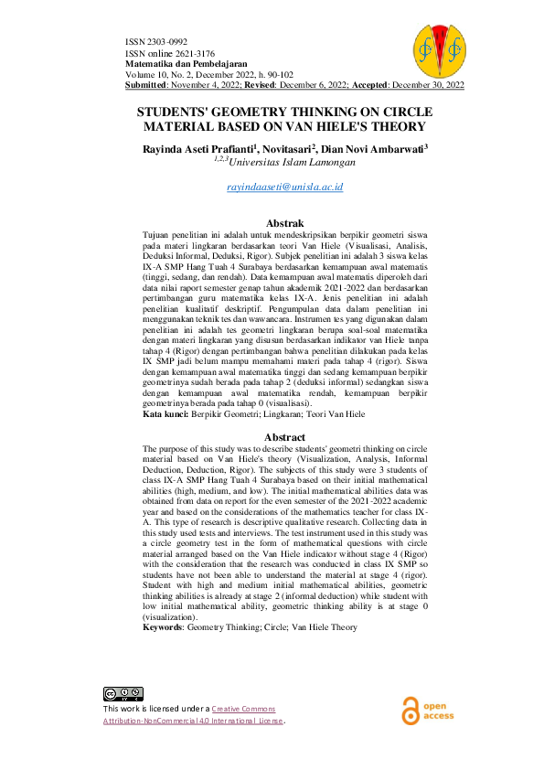 (PDF) Students' Geometry Thinking on Circle Material Based on Van Hiele's Theory | Rayinda Aseti ...