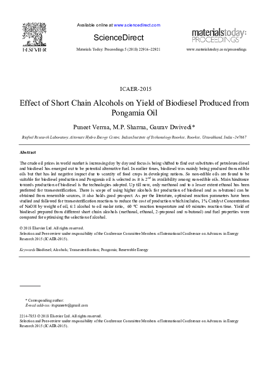 (PDF) Effect of Short Chain Alcohols on Yield of Biodiesel Produced ...