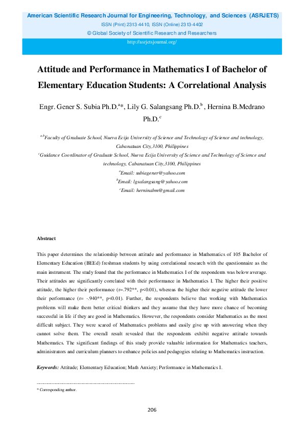 (PDF) Attitude and Performance in Mathematics I of Bachelor of ...