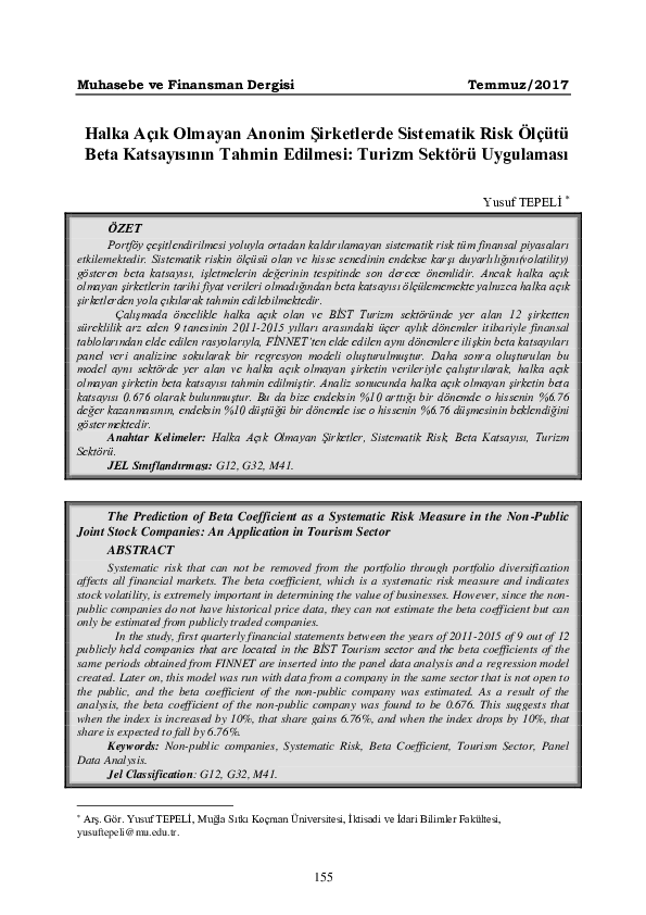 (PDF) Halka Açık Olmayan Anonim Şirketlerde Sistematik Risk Ölçütü Beta ...