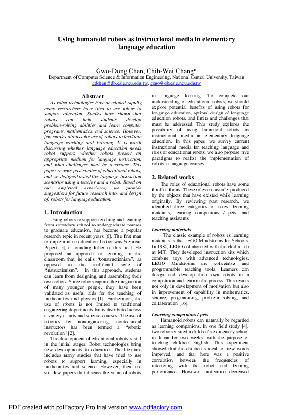 Pdf Using Humanoid Robots As Instructional Media In Elementary