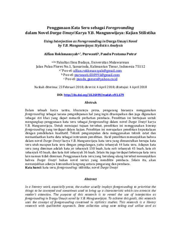 (PDF) Penggunaan Kata Seru sebagai Foregrounding dalam Novel Durga ...