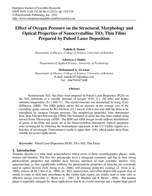 (PDF) Effect of Oxygen Pressure on the Structural, Morphology and Optical Properties of ...